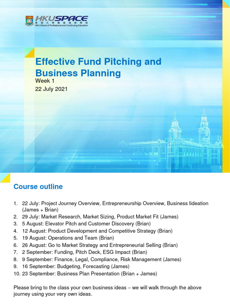 Week 1 - Overview - Fund Pitching and Business Plan | PDF | Entrepreneurship | Startup Company