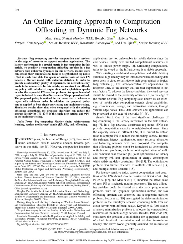 An Online Learning Approach To Computation Offloading in Dynamic Fog ... An Online Learning Approach To Computation Offloading in Dynamic Fog ...
