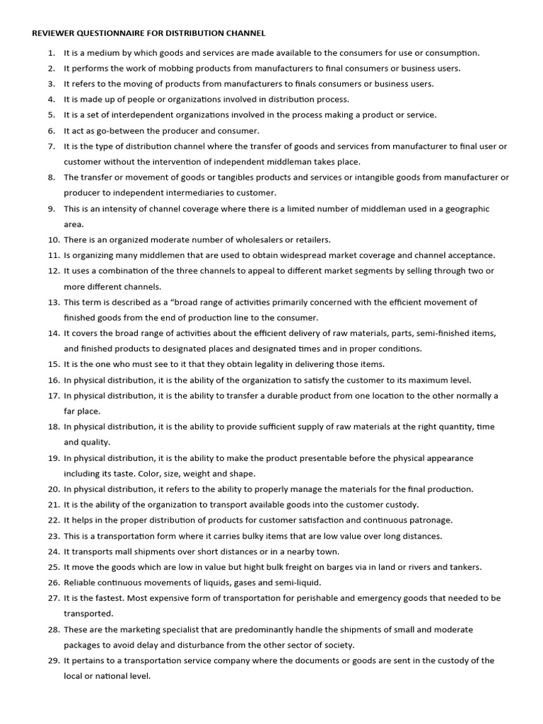 Reviewer Questionnaire For Distribution Channel | PDF