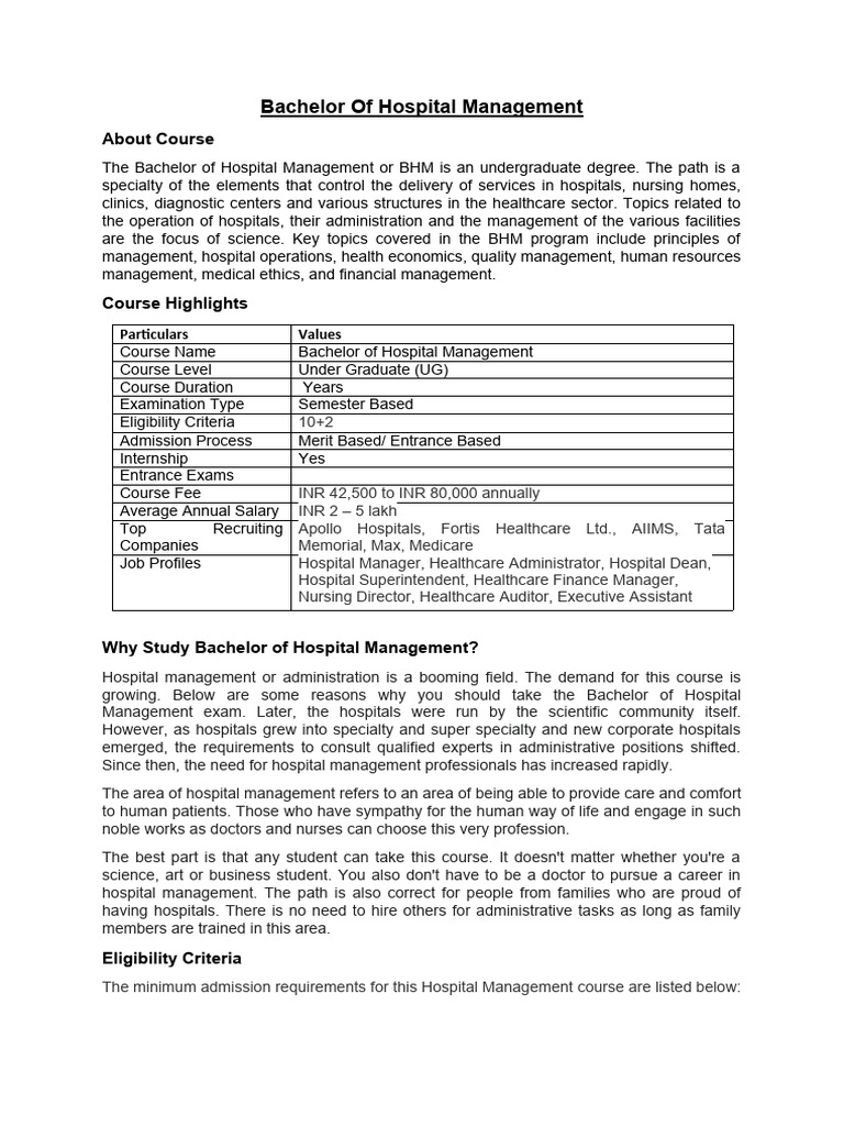 Bachelor of Hospital Management | PDF | University And College Admission | Bachelor's Degree