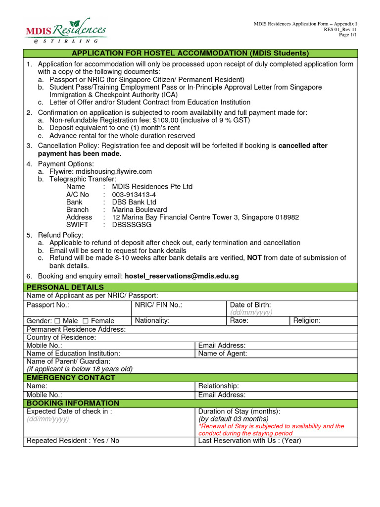 RES 01 - Appendix I - MDIS Residences Application Form - Rev 11 Nov ...