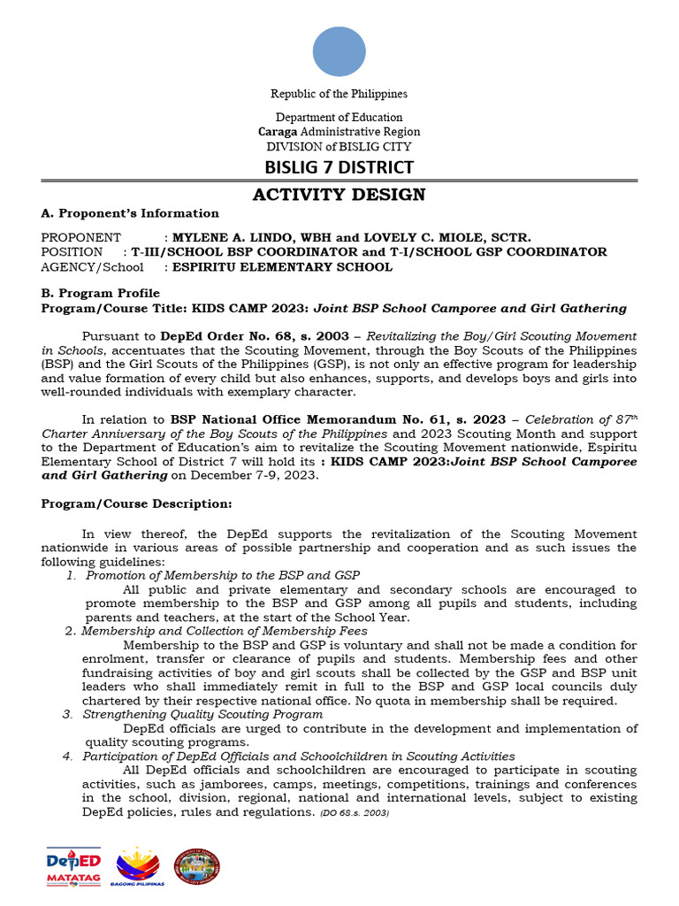 School Activity Design Joint BSP GSP 2023 | PDF | Scouting | Youth Movements