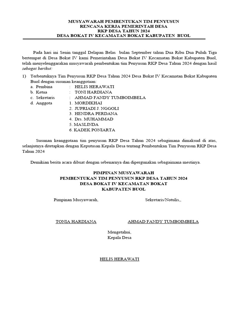 BA. Pembentukan Tim Penyusun RKP Desa | PDF