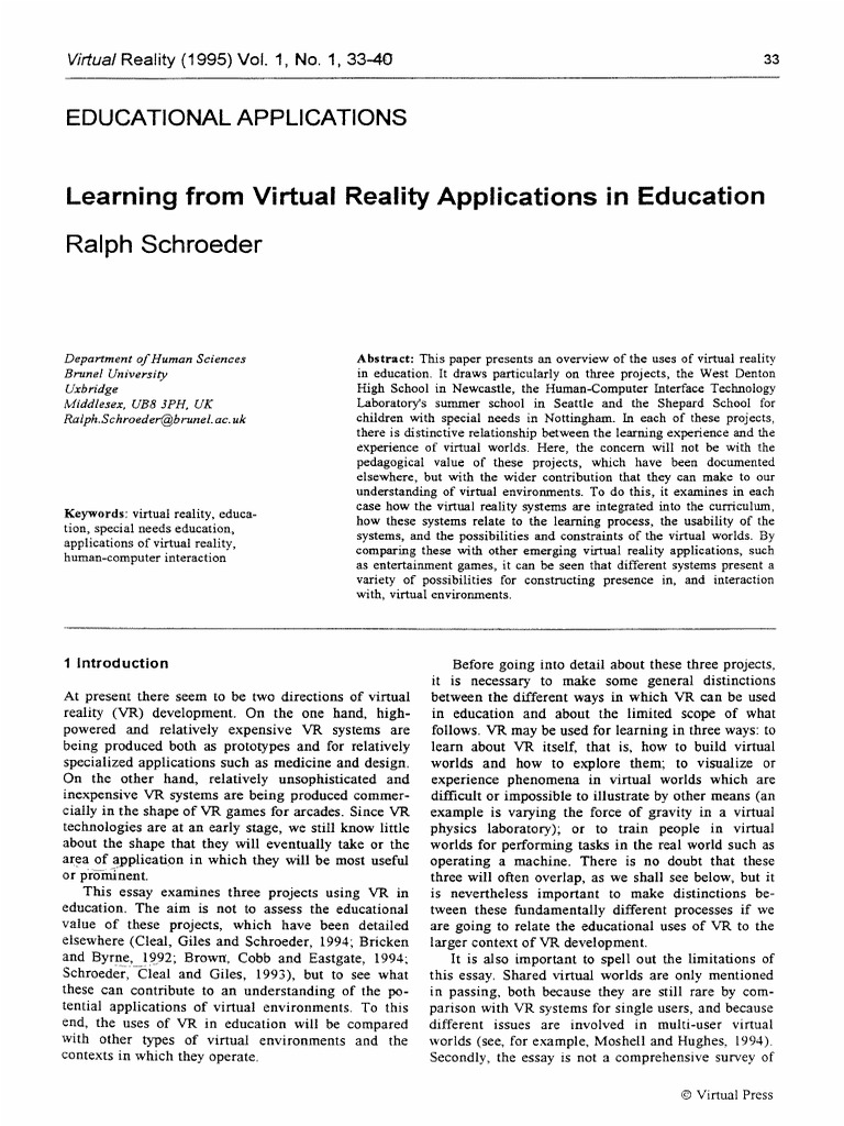 Learning From Virtual Reality Applications in Education | PDF | Virtual Reality | Virtual World