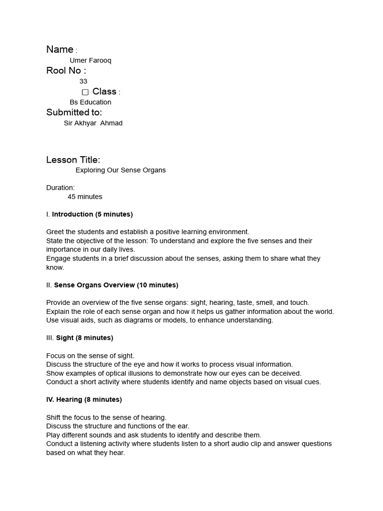 Exploring Our Sense Organs Lesson Planning by Umar Farooq | PDF ...