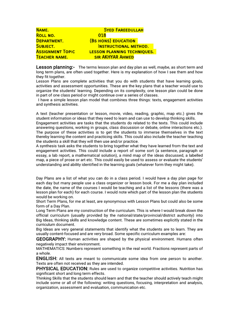 Lesson Planning Techniques. by Fareed Agha | PDF | Lesson Plan | Curriculum