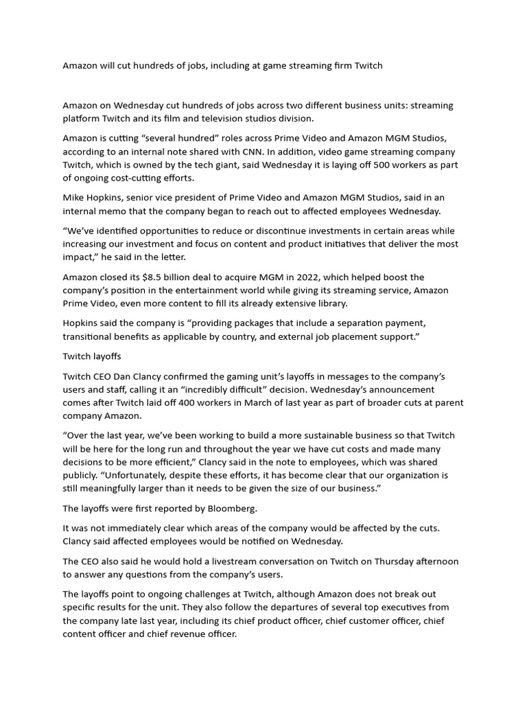 Amazon Will Cut Hundreds of Jobs | PDF | Layoff | Economies