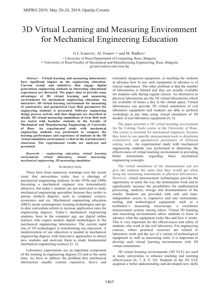 3D Virtual Learning and Measuring Environment For Mechanical Engineering Education | PDF | 3 D ...