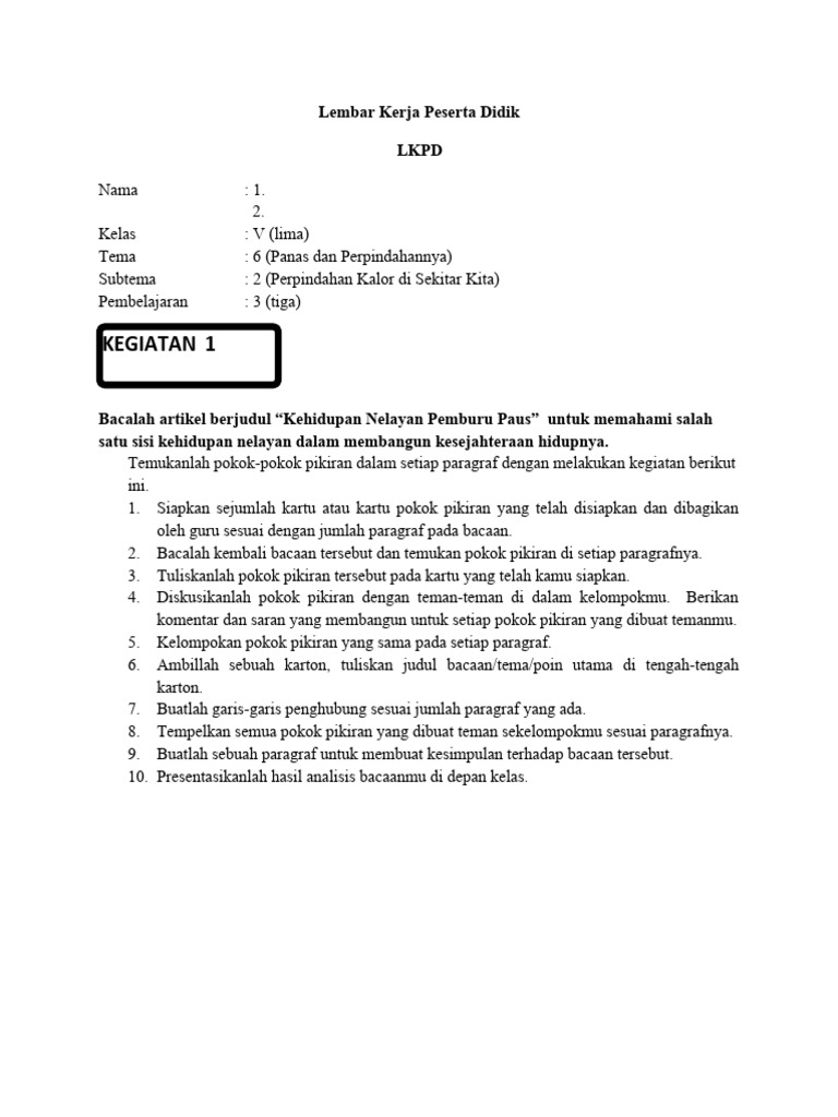 LKPD Kelas 5 Tema 6 Sub 2 Pemb.3 | PDF