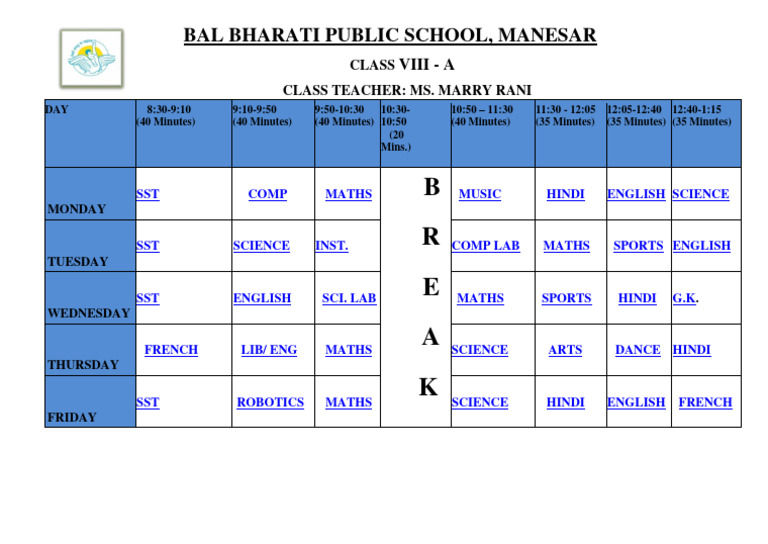 Class VIII Schedule at Bal Bharati | PDF | Language Arts & Discipline | Art