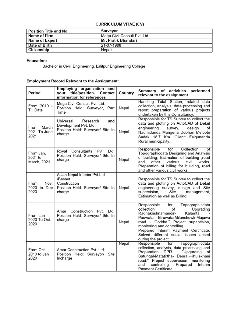 Pratik Bhandari CV | PDF | Surveying | Civil Engineering