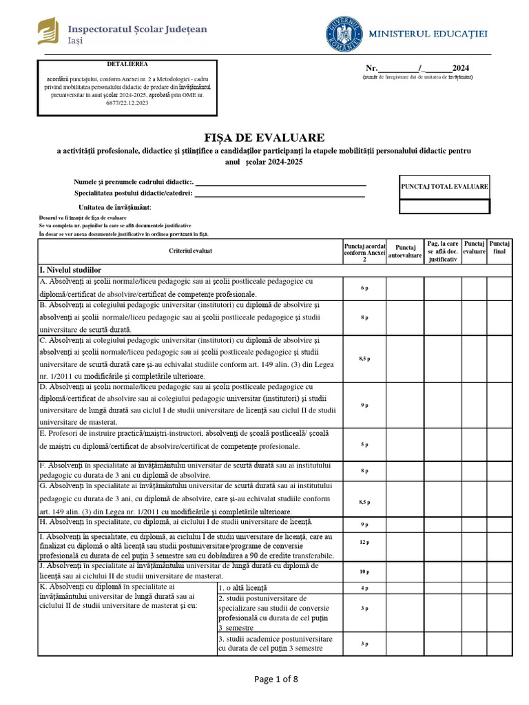 Fisa de Evaluare A Cadrelor Didactice Conform Anexa 2 La Metodologie 2024 - 2025 | PDF