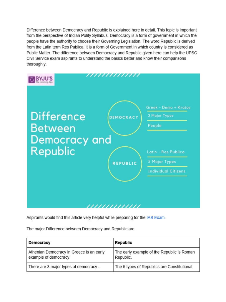 Difference Between Democracy and Republic | PDF | Republic | Democracy