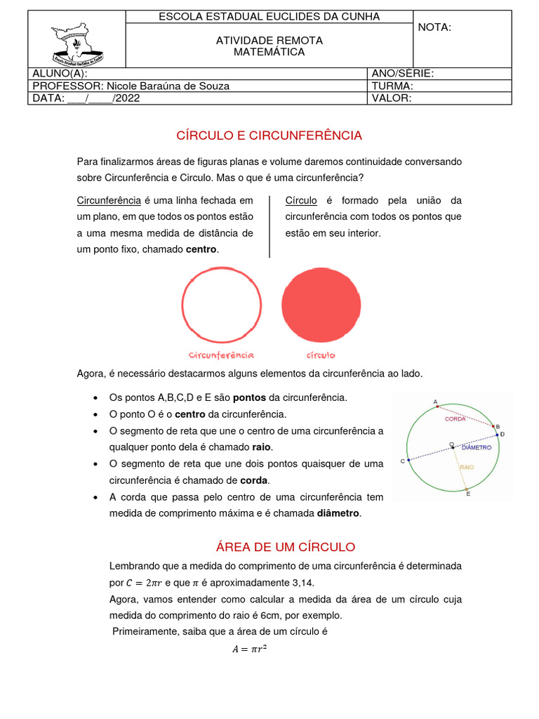 Atividade Remota 8A E D | PDF | Círculo | Formas geométricas