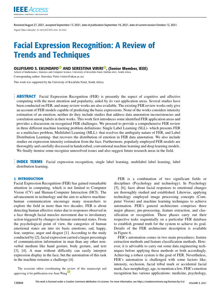 Facial Expression Recognition A Review of Trends and Techniques | PDF ...