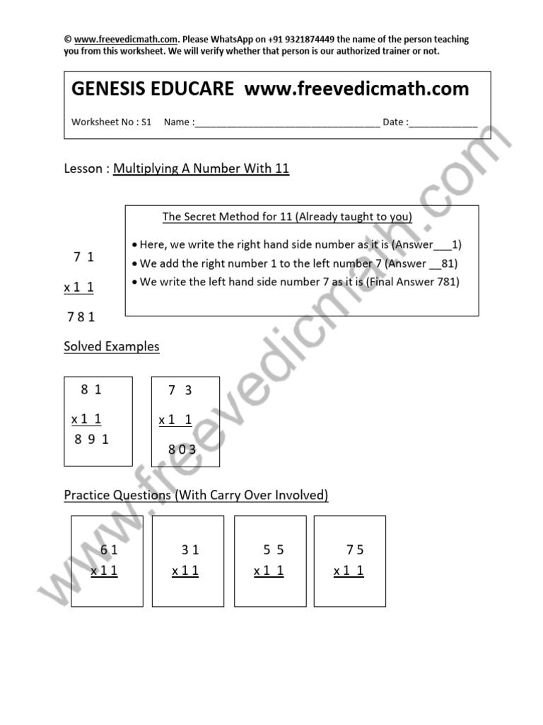 Vedic Math Worksheet 2 - Multiplication With Series of 1 | PDF