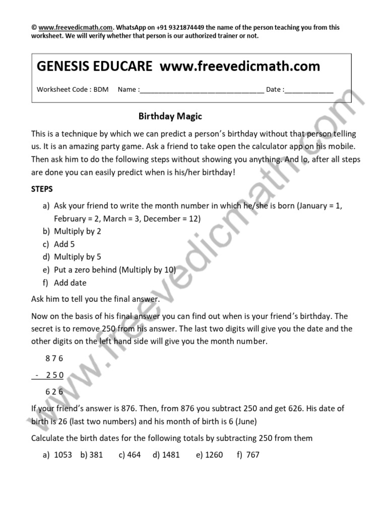 Vedic Math Worksheet 7 - Birthday Magic | PDF | Career & Growth ...