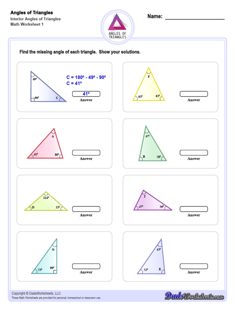 Angles of Triangles Missing Interior Angle v1 | PDF | Geometric Shapes ...