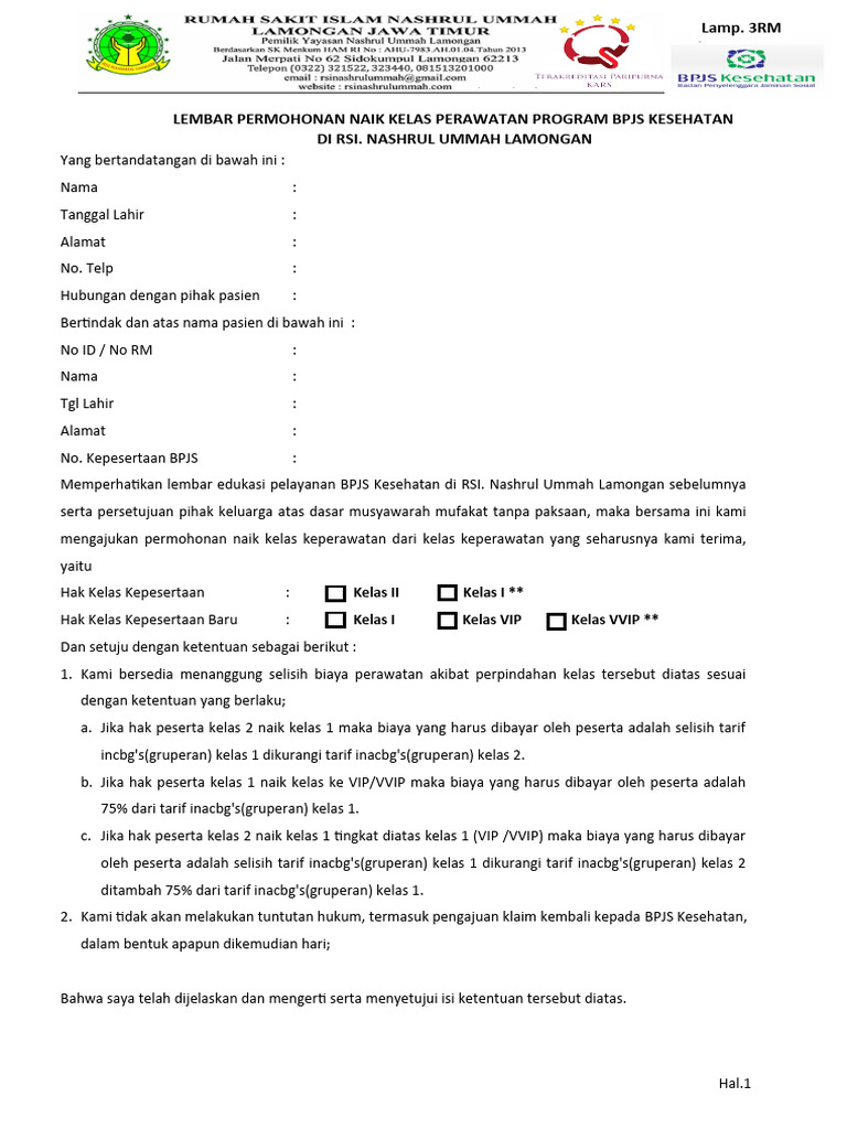 LEMBAR PERMOHONAN NAIK KELAS PERAWATAN PROGRAM BPJS KESEHATAN terbaru | PDF
