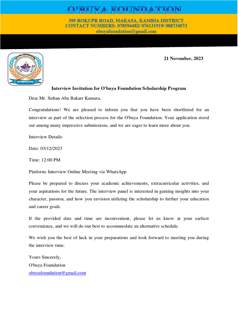 O'buya Foundation Scholarship Interview Invite | PDF | Career & Growth