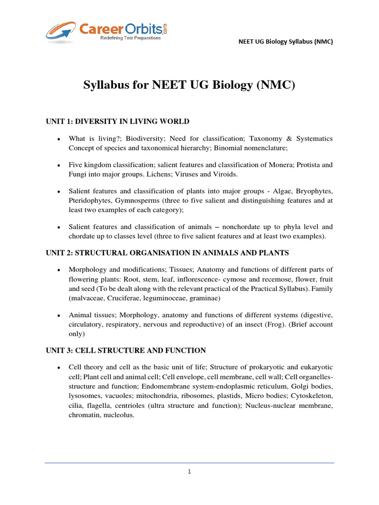 NEET 2024 Biology Revised Syllabus PDF | PDF | Genetics | Cellular Respiration