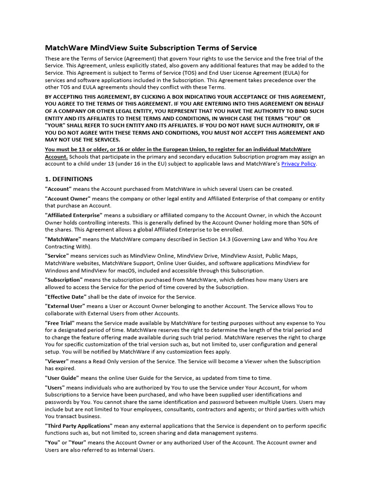 Mindview Suite Subscription Tos En. | PDF | Indemnity | Terms Of Service