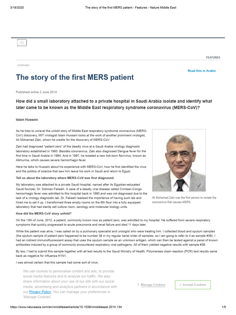 The Story of The First MERS Patient - Features - Nature Middle East | PDF