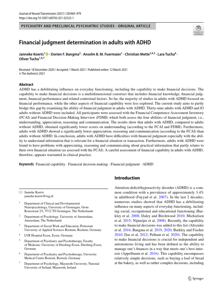 Financial Judgment Determination in Adults With ADHD | PDF