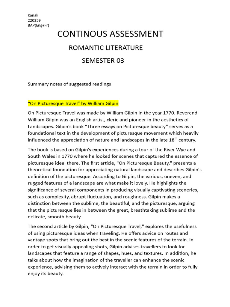 Continous Assessment | PDF | Samuel Taylor Coleridge | Jean Jacques ...