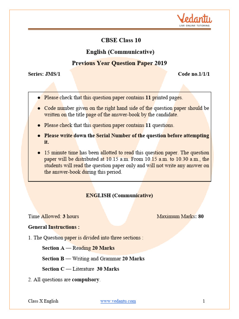 CBSE Class 10 English Communicative Question Paper 2019 - Free PDF | PDF | Adolescence