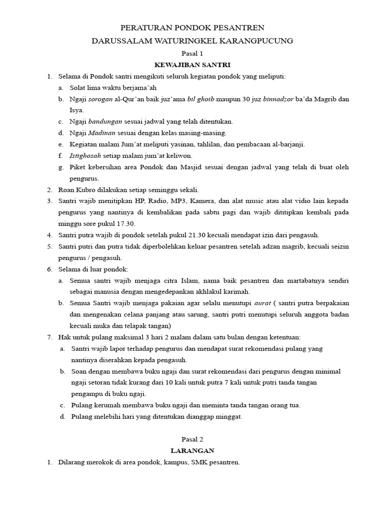 Contoh PERATURAN PONDOK PESANTREN | PDF