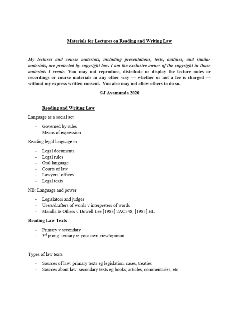 Materials For Lectures On Reading Writing Law | PDF | Argument | Reason