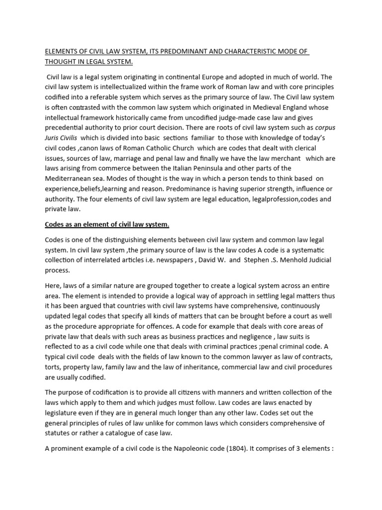 Elements of Civil Law System and Its Predominant and Characteristic ...