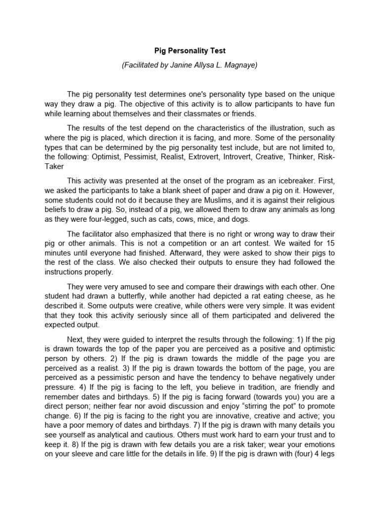 Pig Personality Test Executive Summary | PDF | Psychology ...