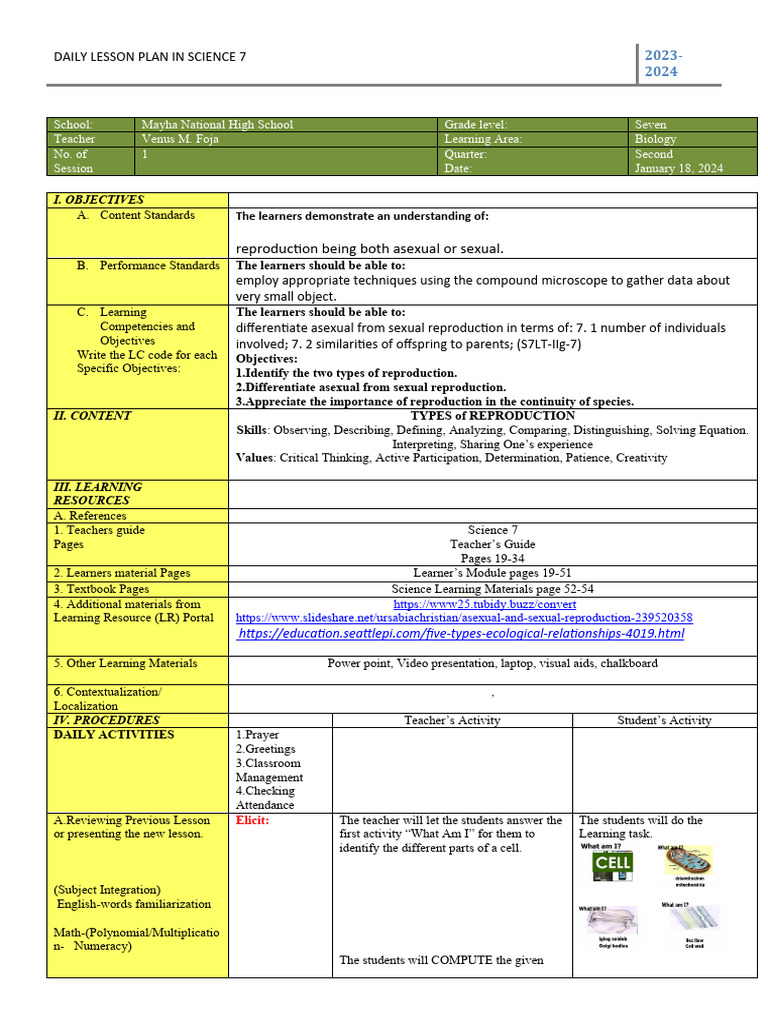 7es DLP For COT 2 2023 2024 | PDF | Gases | Learning