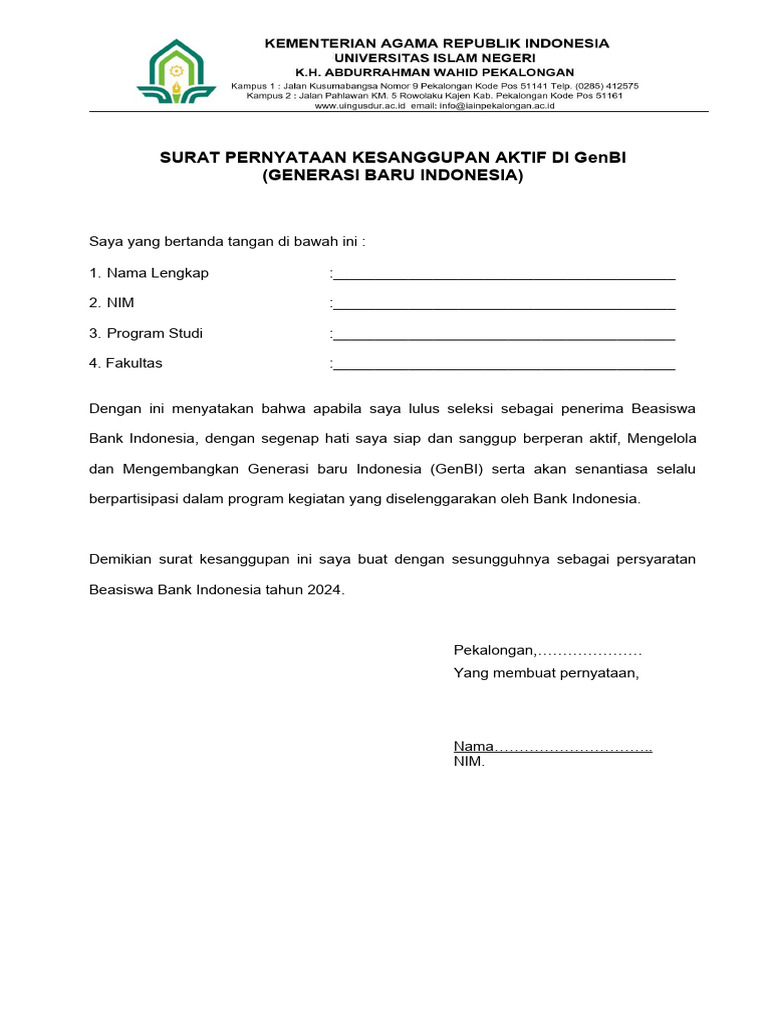 Surat Kesanggupan GenBI 2024 | PDF