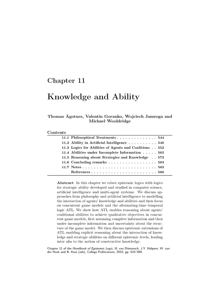 Handbook of Epistemic Logics - Chapter 11 Knowledge and Ability | PDF | Modal Logic | Artificial ...