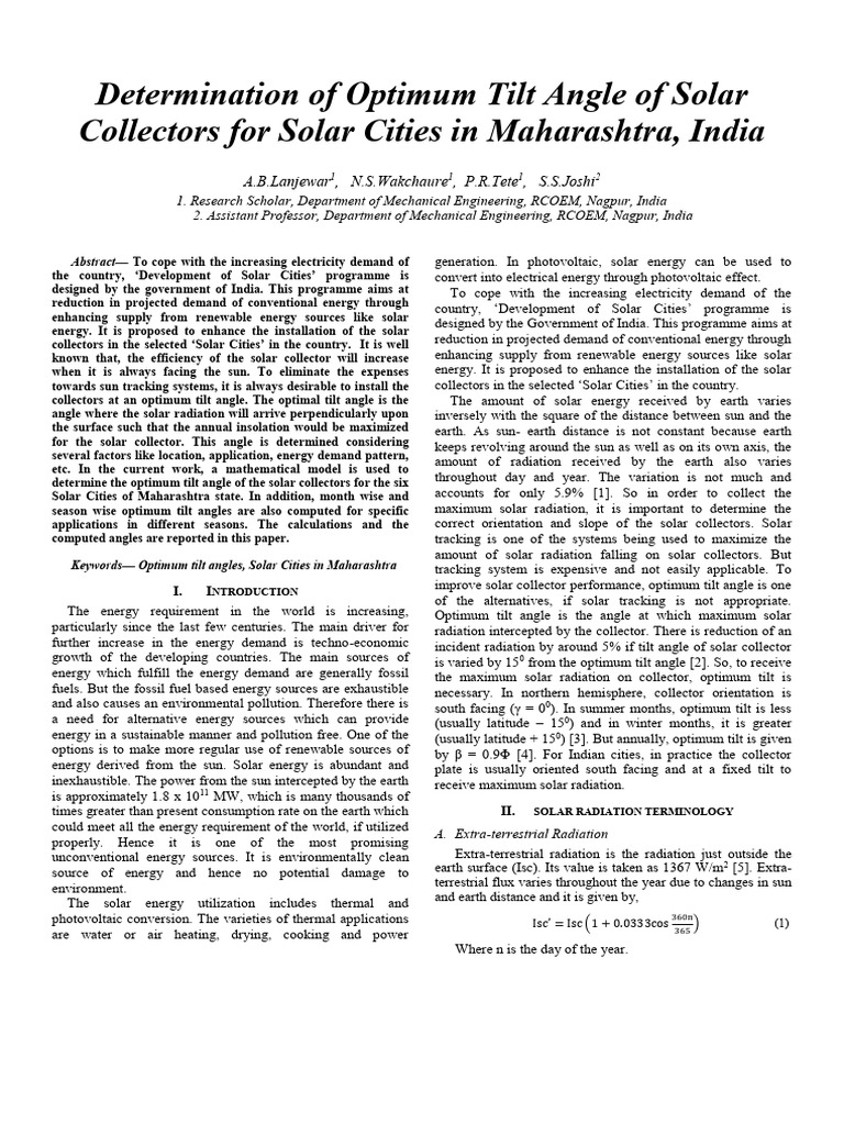 TE-ME-091 - Optimum Tilt Angle Solar Cities (A.B.Lanjewar) | PDF ...