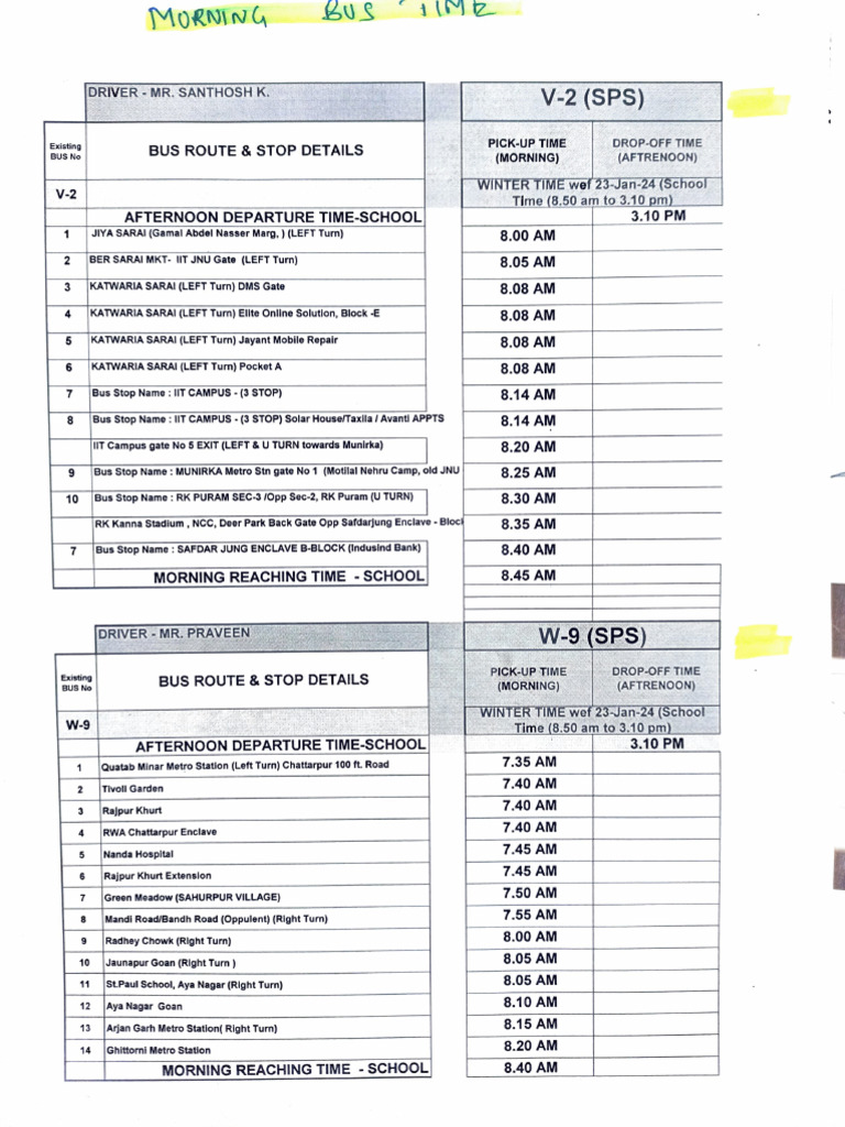 Morning BUS Time - Wef 24-Jsn-24 | PDF