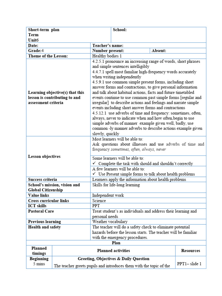 Healthy Bodies Lesson Plan for Grade 4 | PDF | Learning | Adverb