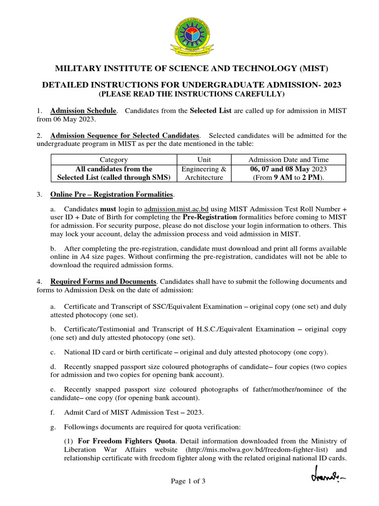 MIST 2023 Undergraduate Admission Guide | PDF | Fee | Banks