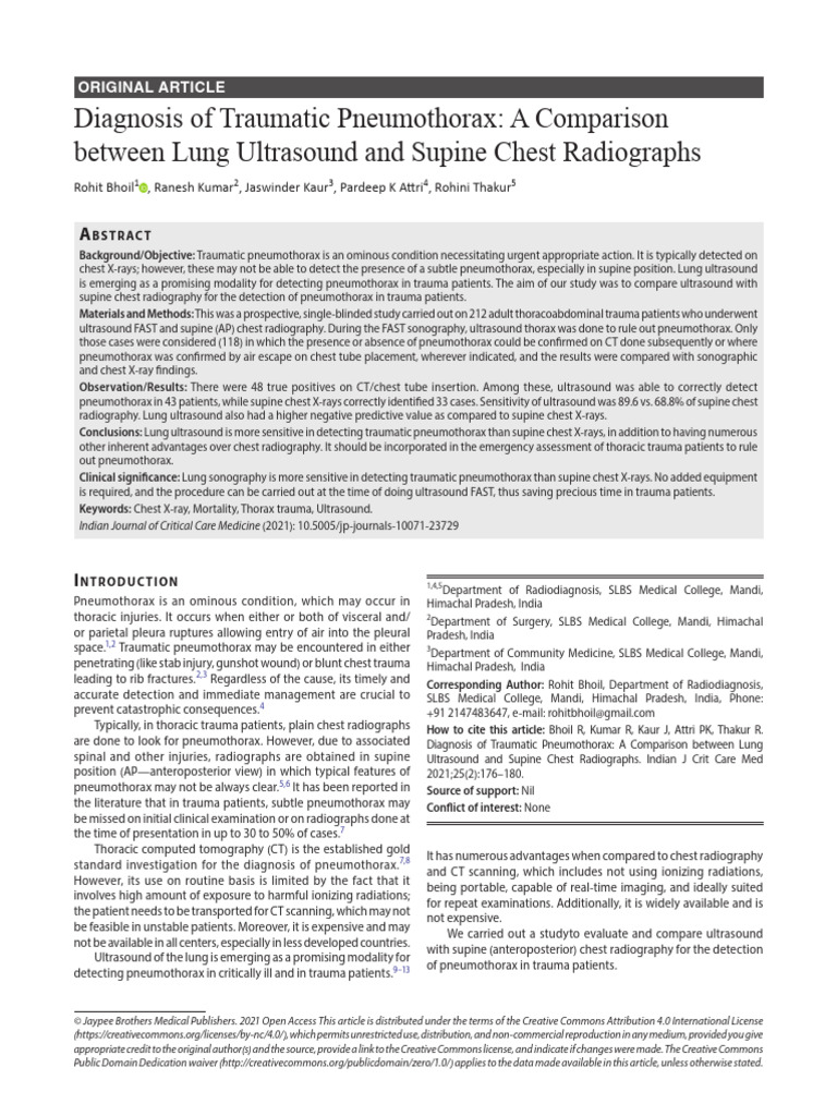 Diagnosis of Traumatic Pneumothorax - Comparison Between Lung Ultrasound and Supine Chest ...