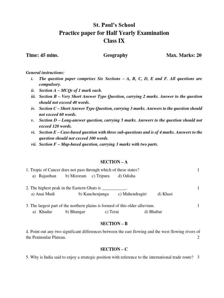 Class IX Geography Half Yearly Exam Paper | PDF | Water | Environment