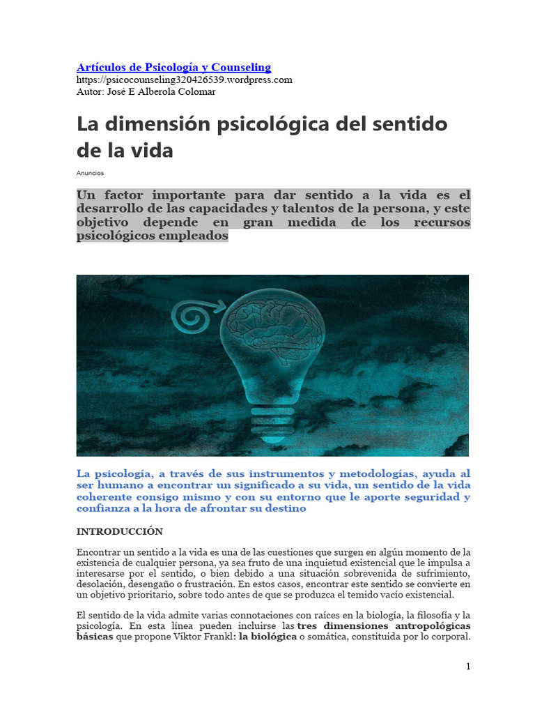 La Dimensión Psicológica Del Sentido de La Vida | PDF | Significado de ...