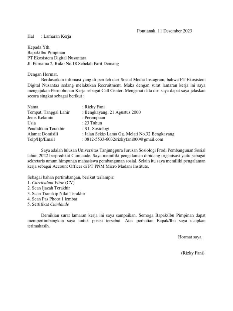 Surat Lamaran PT Edn Call Center | PDF