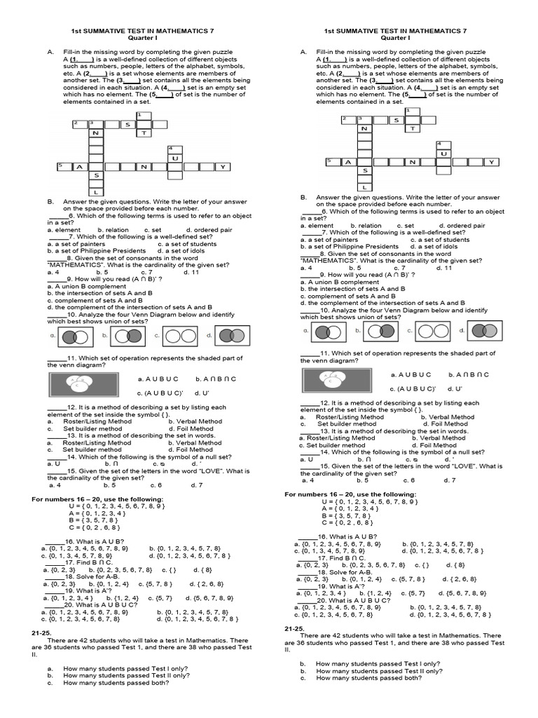 Q1 w1 and w2 SUMMATIVE TEST IN MATHEMATICS 7 | PDF | Mathematical ...