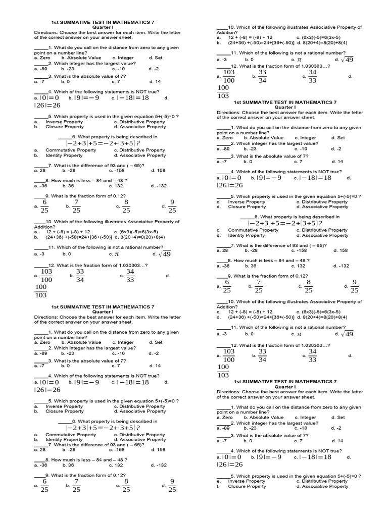Q1 w3 and w4 SUMMATIVE TEST IN MATHEMATICS 7 | PDF | Numbers | Rational ...