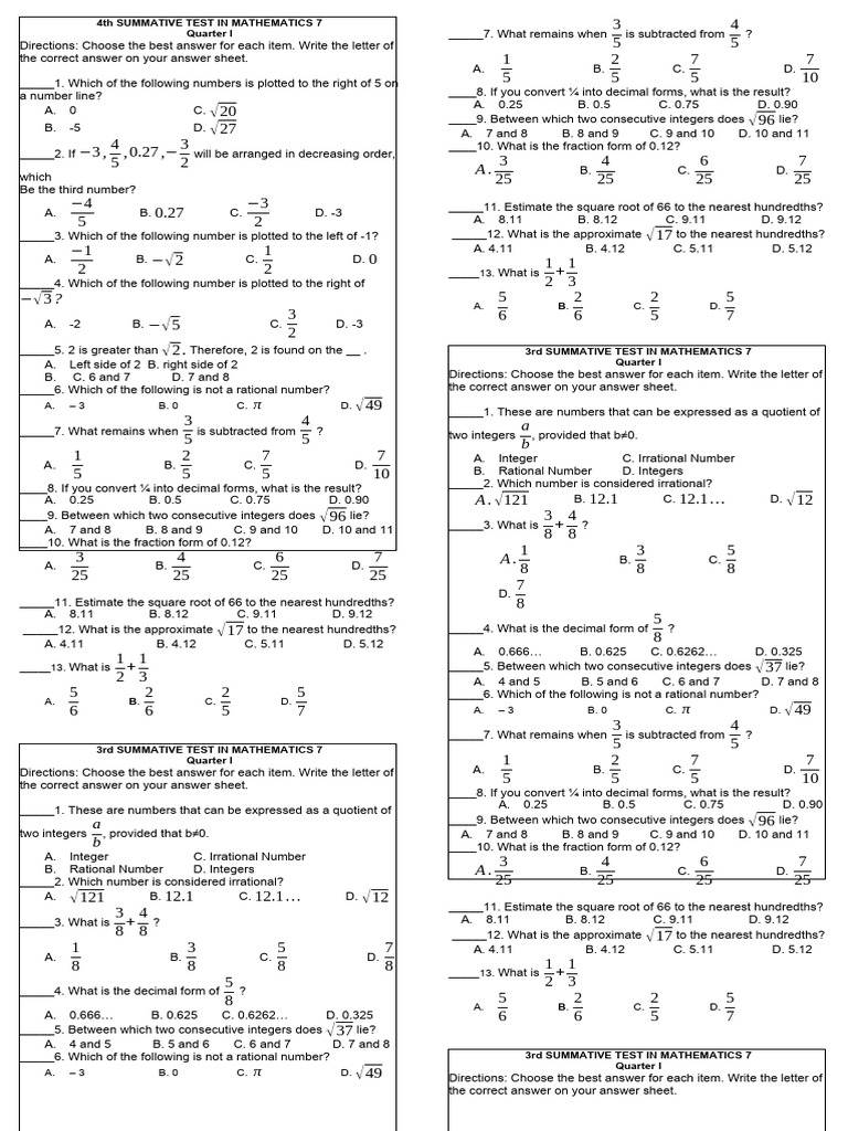 Q1 w5 and w6 SUMMATIVE TEST IN MATHEMATICS 7 | PDF | Numbers | Square Root
