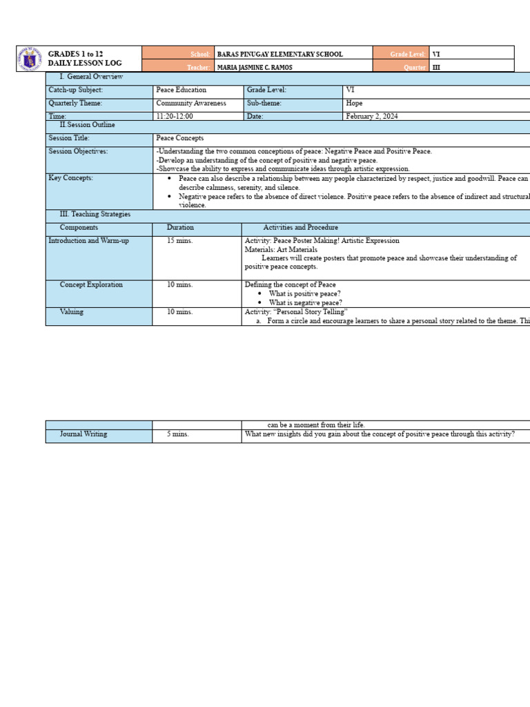 PEACE EDUCATION-Catch-up Friday Lesson Plan | PDF