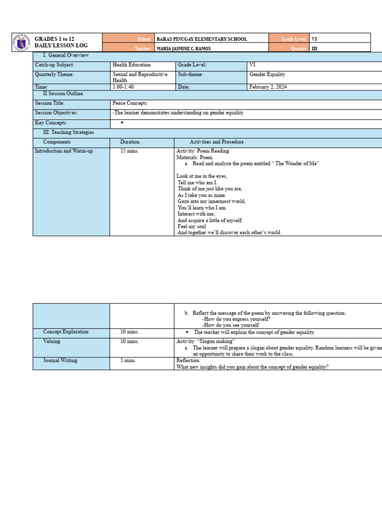 HEALTH EDUCATION-Catch-up Friday Lesson Plan | PDF